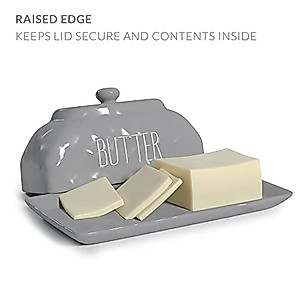 Barnyard Designs Ceramic Butter Dish with Lid for Countertop, Large Butter Holder, Butter Crock for Counter, Covered Butter Dish for Refrigerator, Farmhouse Dishes Kitchen Decor, Grey, 8" x 4"