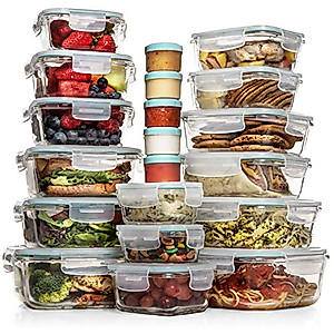 Razab 35 Pc Set Glass Food Storage Containers with Lids - Glass Meal Prep Containers Airtight Glass Bento Boxes BPA-Free 100% Leak Proof (15 lids,15 glass & 5 Plastic Sauce/Dip Containers)