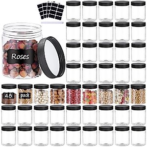 OUSHINAN 48PCS 8OZ Plastic Jars with Screw On Lids, Pen and Labels Refillable Empty Round Slime Cosmetics Containers for Storing Dry Food, Makeup, Slime, Honey Jam, Cream, Butter, Lotion