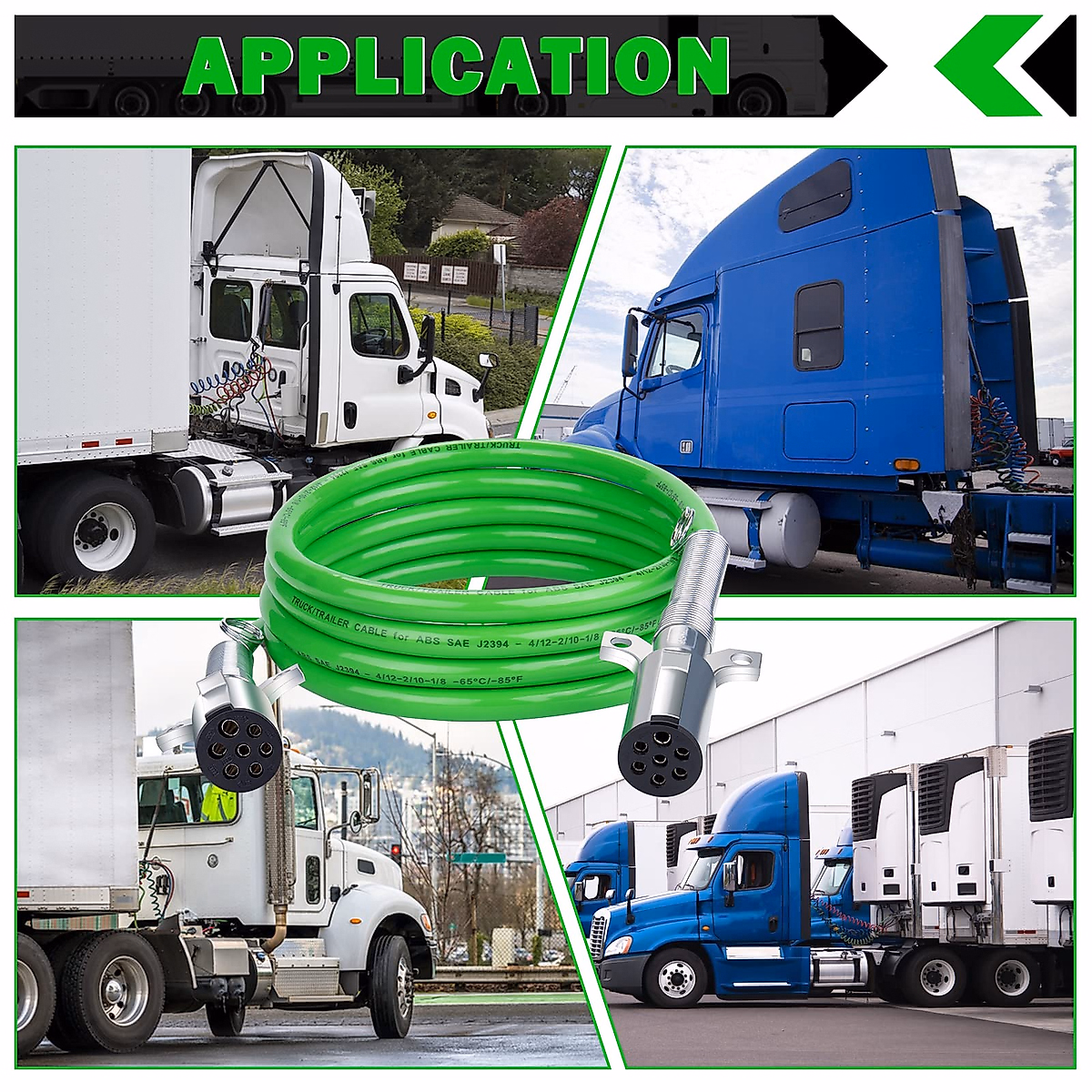 CheeMuii 2 Pack 7 Way Trailer Cord 12 FT ABS Electrical Power Cord Heavy Duty Green Straight Power Wire Cable for Semi Trucks Trailers Tractors