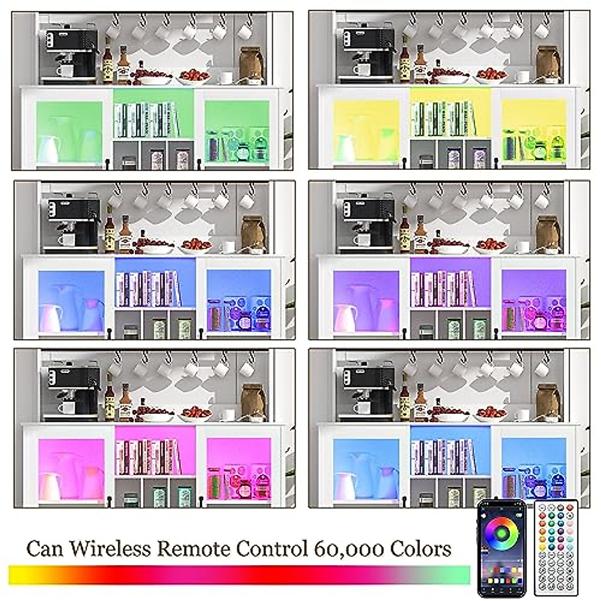 Vinctik 6&Fox Farmhouse LED Coffee Bar w/60000-color Lights,Power Outlet,7 Hooks,9Wink Racks,Adjustable Shelf for Tea Liquor Wine.Sliding Glass Door
