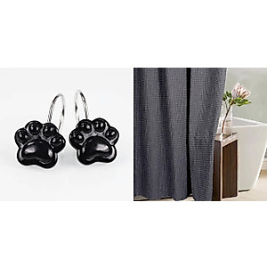 Grey Shower Curtain & Black Paw Hooks - 72x72 Waterproof Washable Linen Style Fabric Shower Curtain - 12 PCS Rust Proof Metal Shower Curtain Rings (2 Item Bundle)