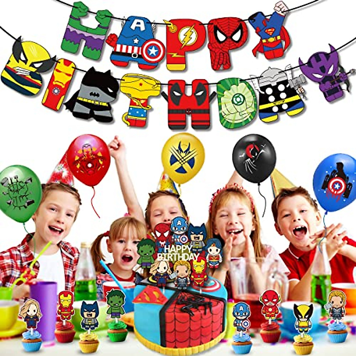 Superhero Party Supplies Superhero Party Decorations, 20Pcs Superhero Balloons, 1Pcs Happy Birthday Banner, 13Pcs Superhero Cake and Cupcake Toppers for Kids Birthday Party