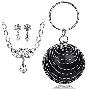 Round Clutch tassel Purse Women Crystal Evening Bag for Wedding Party Women's Ball Shape Crystal Evening Clutch Purse Wedding Party HandBags With Necklace Earrings Set(Black)