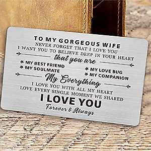 Resdink To My Gorgeous Wife, Engraved Wallet Cards for wife, Love Gifts for Wife, Anniversary Present Card for Wife Her, I Love You With All My Heart, Wife Gift from Husband, Birthday Valentines
