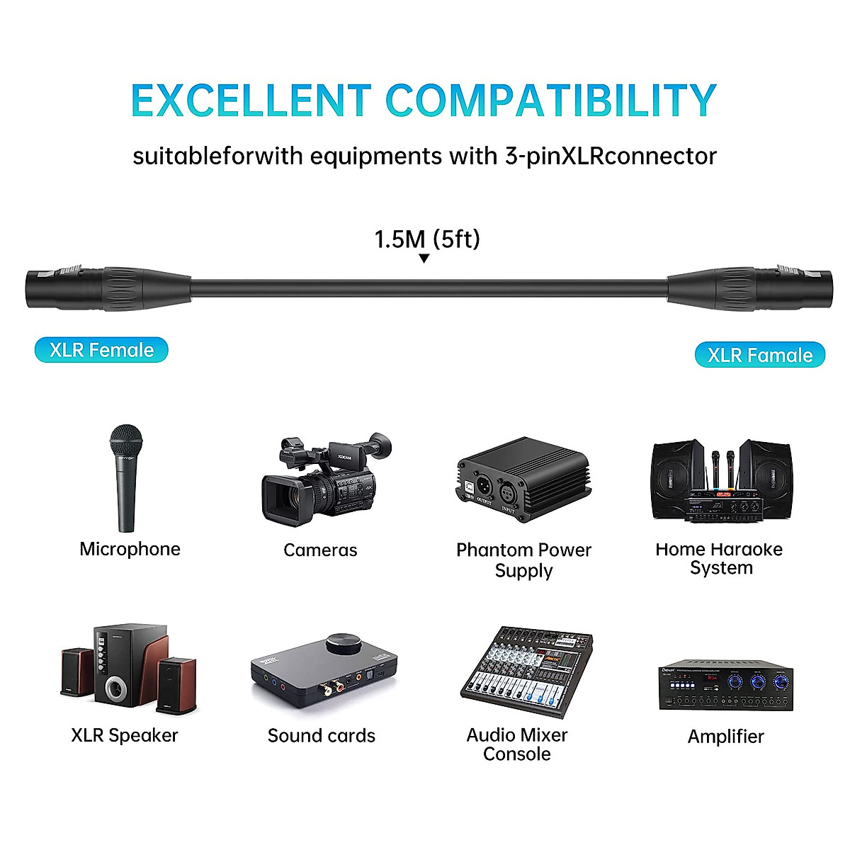 Yinker XLR Female to Female Cable, 3 Pin XLR Female to Female Microphone Mic Cord for Audio and Sound Equipments(5ft/1.5m,1pack)