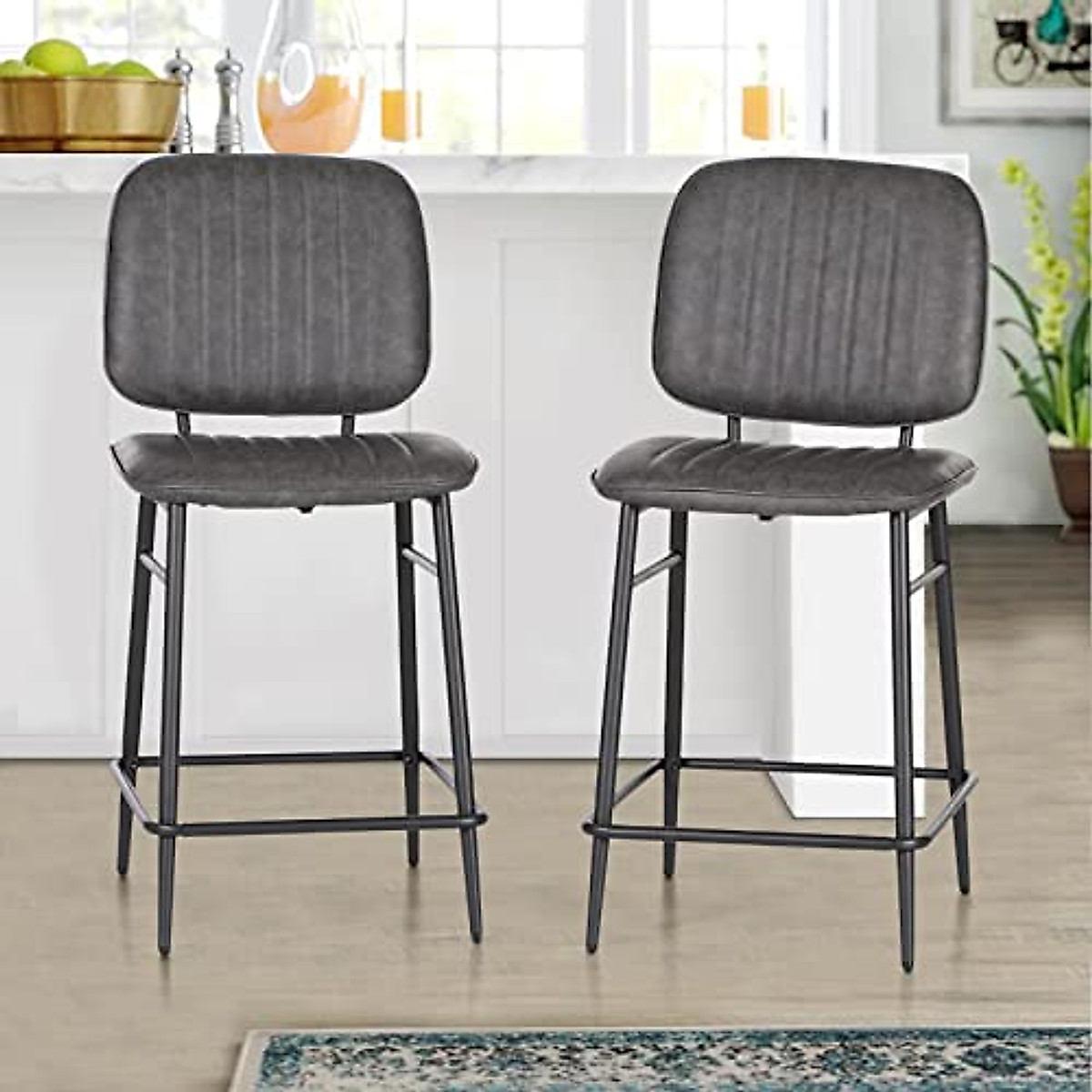 ALPHA HOME Bar Stools Set of 2, Counter Stools with High Back, Modern Upholstered Cushion Barstools Chair with Metal Frame for Kitchen Dining Cafe Indoor, 24 Inch, Dark Grey, 2PCS