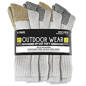 HOT FEET 4 Pack Work Socks for Men & Women - Breathable Boot Hiking Socks, Moisture Wicking Thick Wool Socks, Sizes 6-12.5, Man, Dark Gray & Oatmeal