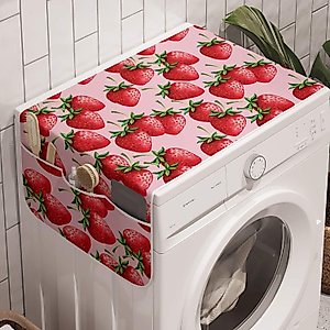 Ambesonne Red Washing Machine Organizer, Delicious Big Strawberries on Pink Background Tasty Juicy Ripe Summer Fruits, Anti-slip Fabric Cover for Washers and Dryers, 47" x 18.5", Red Green Pink