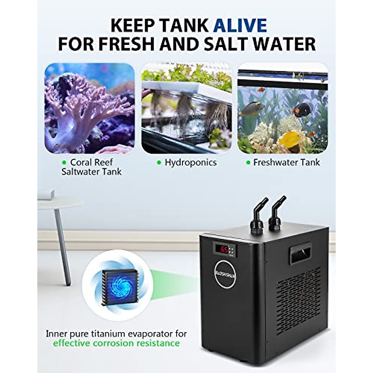 BAOSHISHAN Aquarium Chiller 42gal 1/10 HP Water Cooler Fish Tank Chiller Special Quiet Design Refrigeration Compressor for hydroponics Water weeds Jellyfish Coral Crystal Shrimp (42gal/160L)