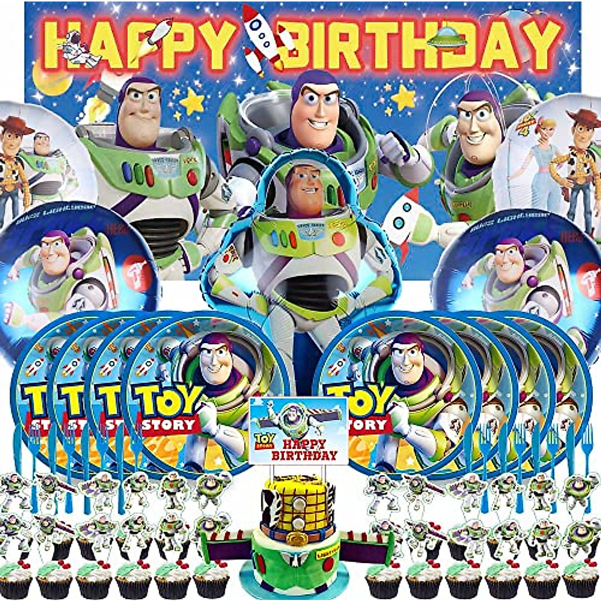 FNTOO Buzz Lightyear Party Supplies Plates Favors Decorations Backdrop Decor Banner Birthday Cake Topper, N02660