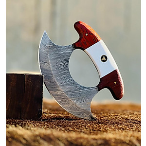Bodacious Knives Damascus Ulu Knife- Handmade 5.5"" Alaskan Pizza Cutter Small Ulu Knife with Sheath- Ideal Alaska gifts for Chopping, Slicing, Mincing, and Skinning (Red & White), Traditional