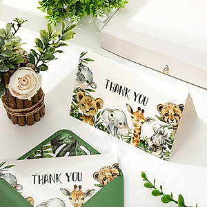 Whaline 50 Pack Safari Jungle Thank You Cards with Envelopes Stickers Jungle Animal Greeting Cards Watercolor Forest Animal Cartoon Blank Note Cards for Birthday Baby Shower Party Supplies