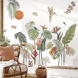 decalmile Boho Tropical Leaves Flower Wall Decals Bohemian Floral Plants Sun Wall Stickers Bedroom Living Room Office Wall Decor