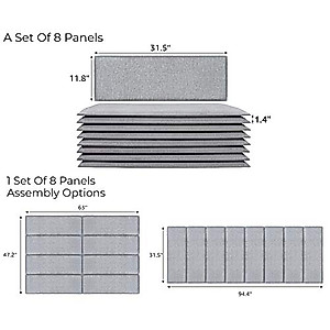 Art3d Padded Bed Headboard for Queen/Twin/King/Full-Removable-Sized 31.5x11.8inches Pack of 8pcs-Gray, Upholstered Wall Panels for Interior Wall Decor