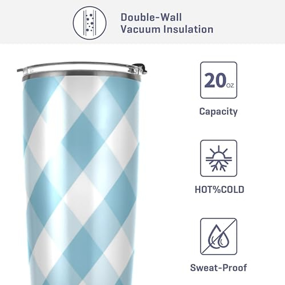 Amooorous Blue and White Twill Stainless Steel cups with lids reusable with Straw Lid insulated coffee mug with lid for hot and cold drinks simply insulated tumbler botellas para agua termica 20oz