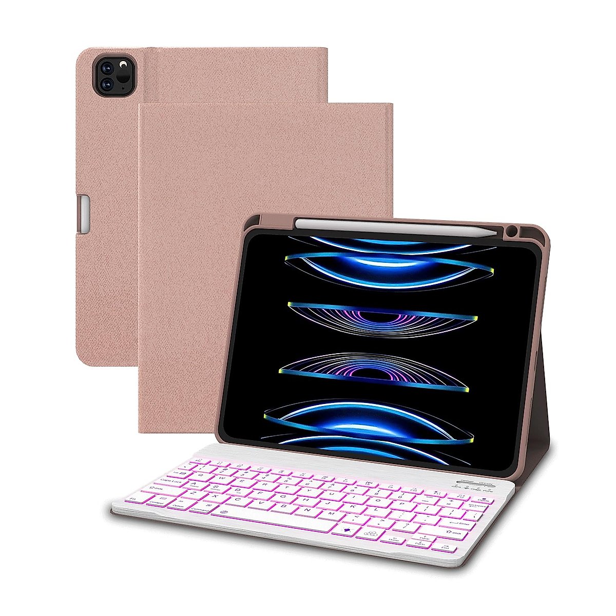 iPad Air 5th/4th Generation Keyboard Case 2022/2020, iPad Pro 11 1st/2nd/3rd 2018/2020/2021 10.9 inch Case with Keyboard & Pencil Holder, Removable 7 Colors Backlit Bluetooth Wireless Keyboard (Pink)