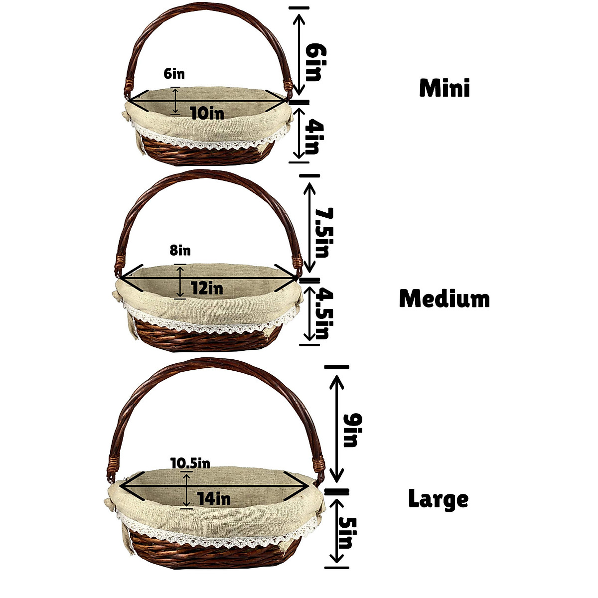 Trebisky Wicker Basket with Cello Wrap, Complete DIY Gift Set include Heat Shrink Cellophane Bags and Ribbons, Empty Basket for Wine, Picnic, Storage, Food, Easter, Christmas, Birthday (Brown 3PK)