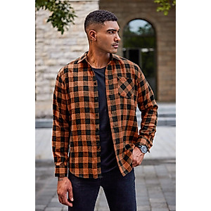 COOFANDY Men's Flannel Plaid Shirt Casual Long Sleeve Checkered Shirt Fall Overshirt A - Orange