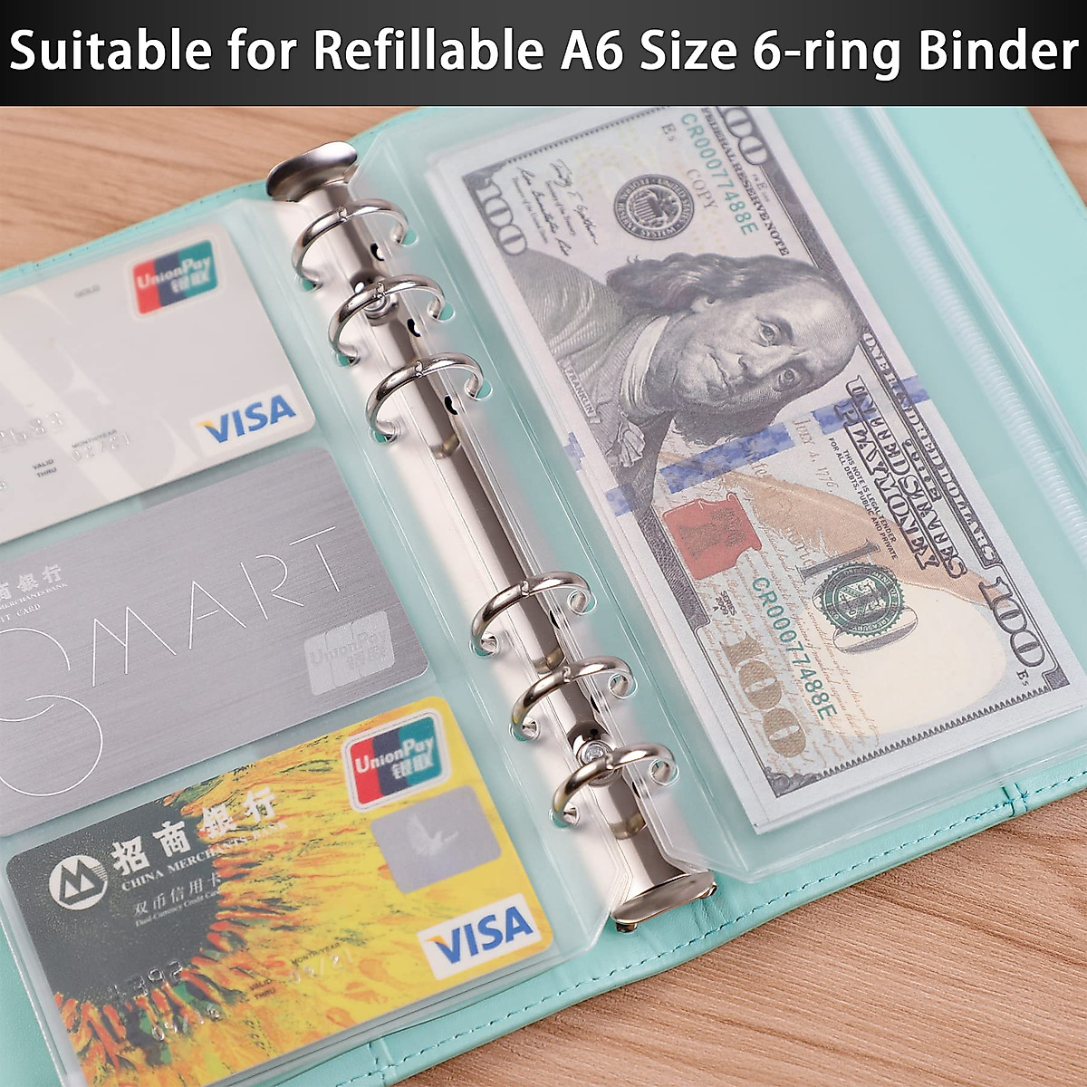 HAUTOCO 15PCS A6 6-Holes Binder Pockets Clear PVC Binder Envelopes Zipper Binder Pouches for A6 Notebook Binder, Waterproof Cash Budget Envelopes