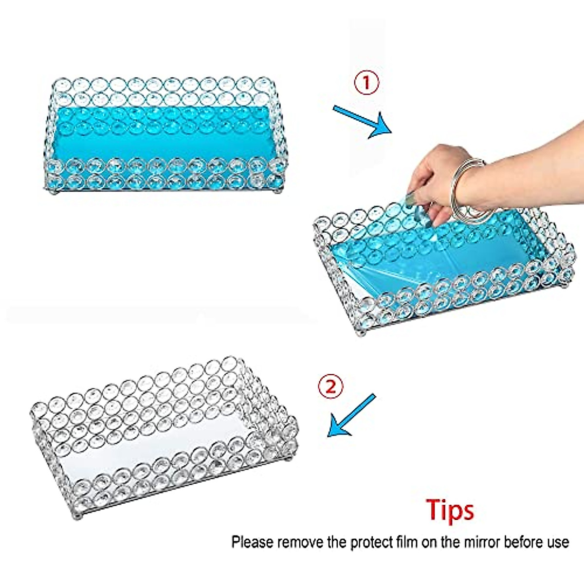 Feyarl 10 Inch Crystal Cosmetic Tray Rectangle Vanity Tray Makeup Jewelry Trinket Organizer Mirror Decorative Tray Perfume Skin Care Organizer Christmas Party Coffee Table(Silver)