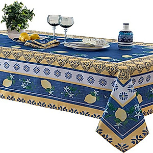Home Bargains Plus Provence Blue Lemon Mediterranean Garden Country French Fabric Tablecloth, Indoor Outdoor, Stain and Water Resistant, Wrinkle Free Tablecloth, 60” x 144” Oblong/Rectangle