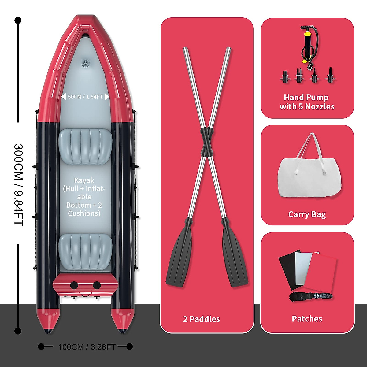 AZXRHWYGS 10 ft Inflatable Boat, 2 Person Kayak, Red, PVC Material, Fishing, Travel, with Aluminum Oars, Hand Pump, Carry Bag