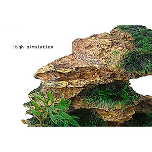 FEDOUR Aquarium Small Mountain View Stone Ornament, Moss Tree Rock Cave Landscape Artificial Fish Tank Decoration, with 6pcs Plants (Ash Browns)