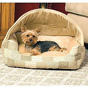 K&H Pet Products Hooded Lounge Sleeper Pet Bed Tan Patchwork Print 20 X 25 Inches