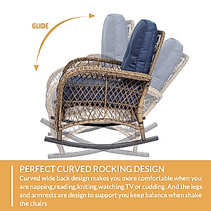 W WARMHOL Outdoor Wicker Rocking Chair with Thickened Cushions, All-Weather Rattan Patio Rocking Chairs, Rocker Wicker Chair for Porch Garden & Backyard, Navy Blue