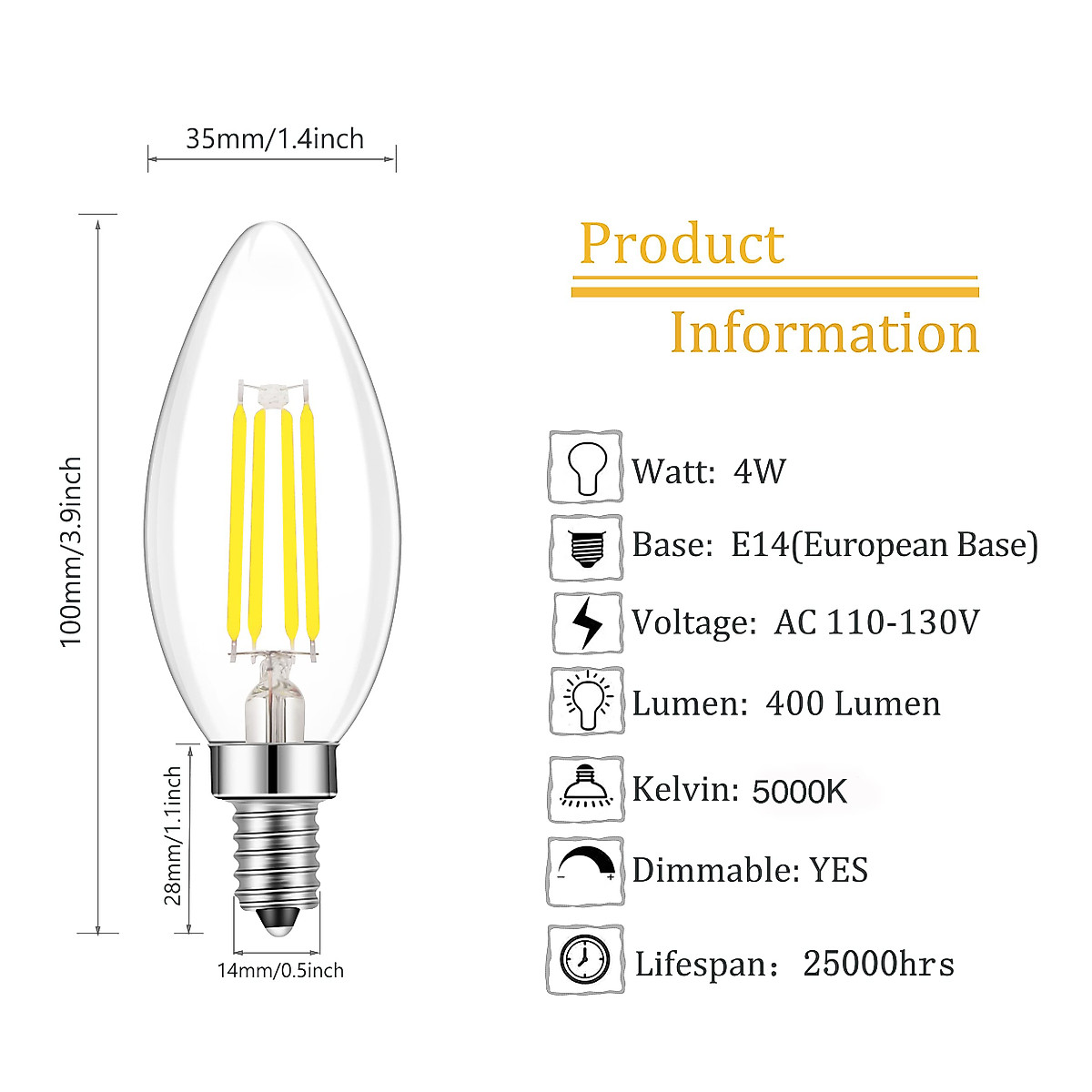 Lamsky E14 LED Bulb Dimmable,110V 400LM 40W Equivalent Daylight White 5000K,E14 European Base Candelabra LED Bulbs,C35 Clear Glass Torpedo Shape Bullet Top(12-Pack)
