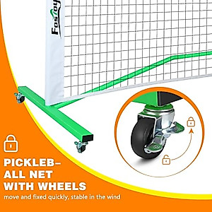 Fostoy Pickleball Net Set with Wheels, 22 FT Regulation Size, 4 Paddles & 6 Pickleballs, Carrying Bag, Steady Metal Frame and 18-ply PE Net for All Weather Conditions Outdoor Indoor (Green)