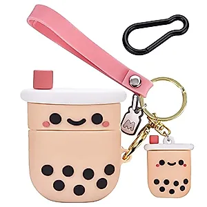 Cute Airpod Case Cover with Keychain Girly Pink Boba Milk Tea Design Compatible with Airpods 2&1 Charging Case for Women and Girls
