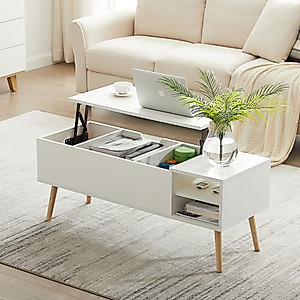 JZXSHD White Wood Lift Top Coffee Table with Hidden Compartment and Adjustable Storage Shelf, Solid Wood Legs Coffee Table with Open Storage Shelf for Home Living Room, Office