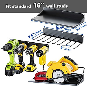 FITKIT 4 Floating Power Tool Holder and Drill Storage Rack with Organizer Utility Shelves, Set of 2 Heavy Duty Steel Wall Mount Garage Organization and Storage for Batteries, Tools, Accessories
