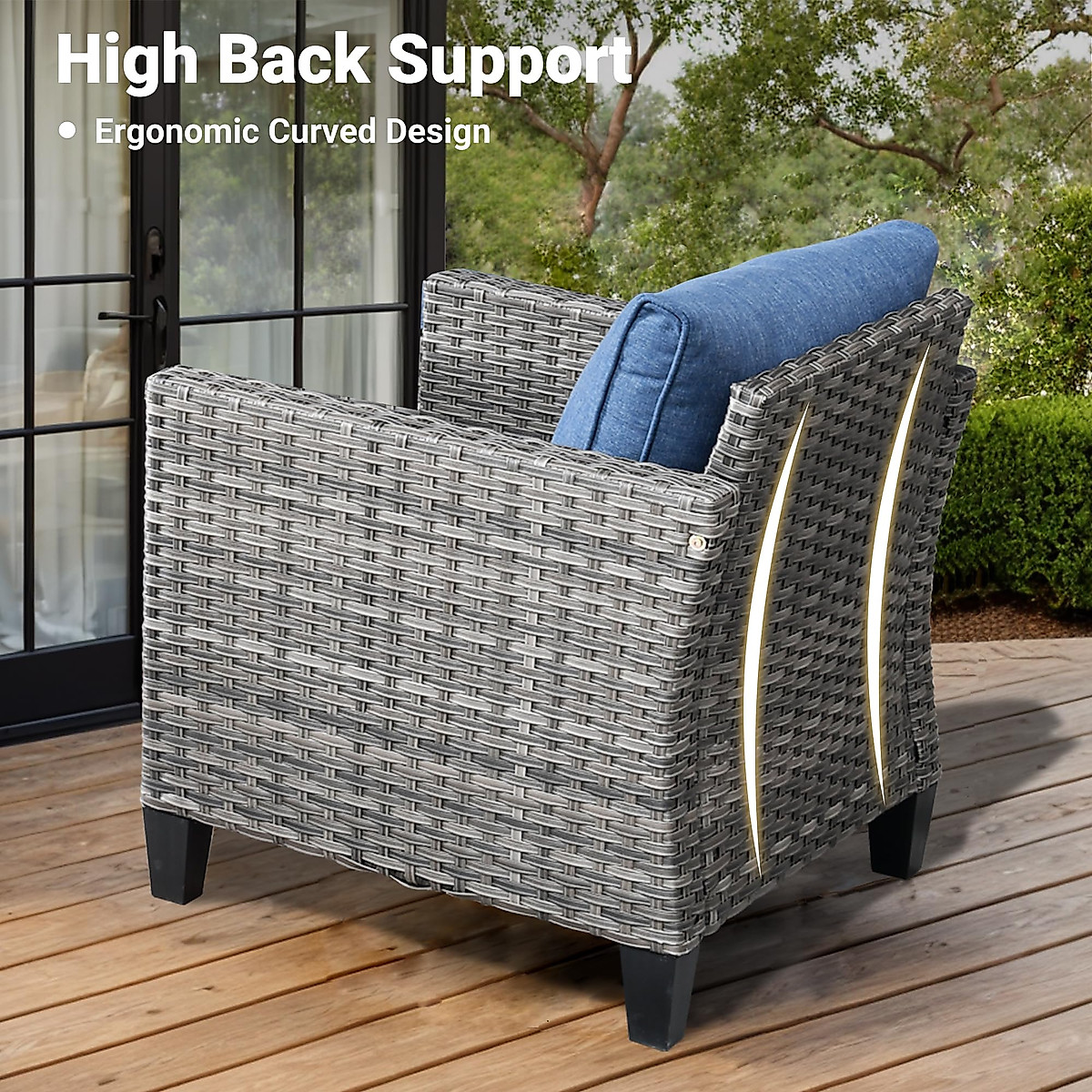 ovios Patio Furniture Set, 6 Pieces Outdoor Conversation Set with 30 Inch Gas Fire Pit Table Modern Wicker Rattan Sofa Set with Comfortable Cushion, Ottomans, Denim Blue