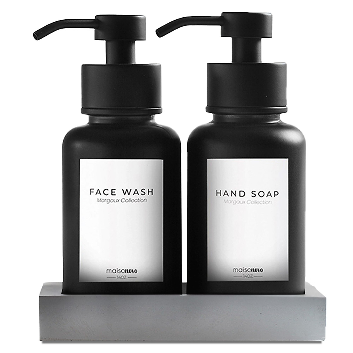 MaisoNovo Foaming Soap Dispenser with Concrete Tray - Hand Soap Refills for Foaming Dispenser - Black Bottle w.Tray 14 oz - 12 Mix Tablets