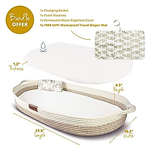 Yunioo Deluxe Baby Changing Basket with Extra Travel Diaper pad, Foam Changing pad and Water Repellent Cover, Cotton Rope Moses Basket, Changing Table Topper for Dresser (Sydney White Beige)