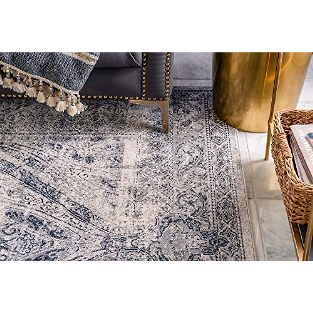 Unique Loom Chateau Collection Victorian, Textured, Vintage, Traditional, Distressed Area Rug, 10 ft x 14 ft (5 in), Navy Blue/Ivory