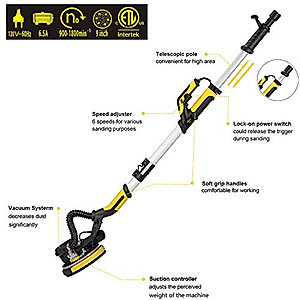 CUBEWAY Drywall Sander with Vacuum, Rotary and Detachable Dust Shroud for up to the Wall Sanding, Electric Drywall Sander with Variable Speed and Led Light, ETL Listed