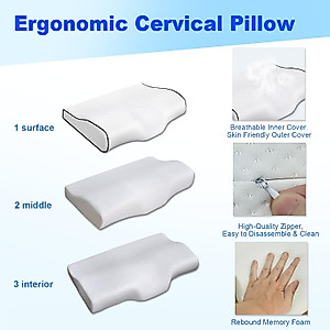 BAOVERI Memory Foam Pillow, Cervical Pillow for Neck Pain Relief, Ergonomic Bed Pillow for Side, Back and Stomach Sleepers, Standard Size