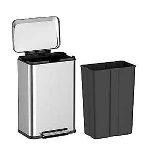 GarveeHome Trash Can Set 2 Pack, 13 Gal Stainless Steel Trash Can with Lid, Step On Waste Bins, 2 Gal Slim Trash Can for Narrow Space