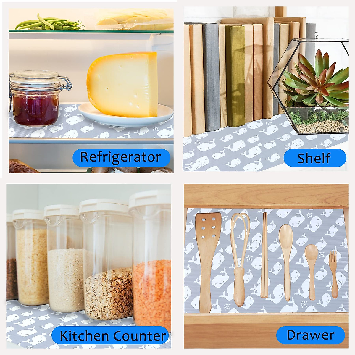 Kitchen Cabinet Liner 15 Inch Wide X 20 Ft Drawer Liner Non-Slip Waterproof Shelf Liner Non Adhesive Washable Refrigerator Shelf Liners for Wire Shelf Pantry Thicken Rotective Liners Whale Pattern