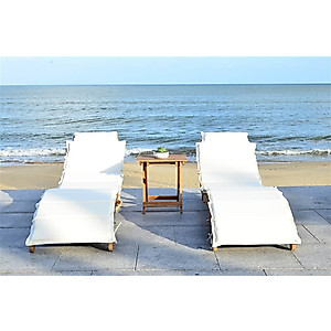 SAFAVIEH Outdoor Collection Pacifica Natural Brown Solid Wood/Beige Cushion 3-Piece Chaise Lounge Set with Table (PAT7020B)