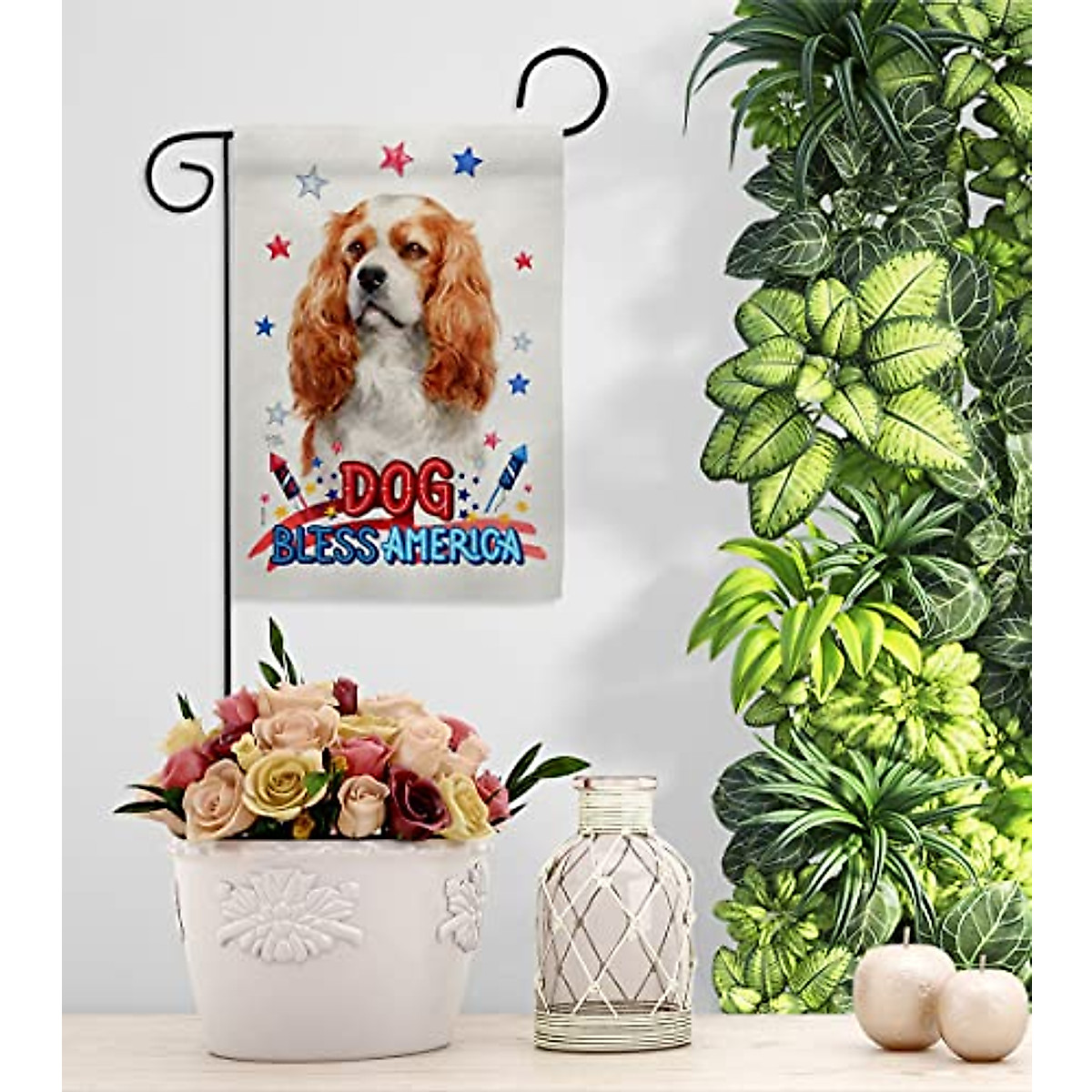 Breeze Decor Patriotic Cavalier King Spaniel Garden Flag-Set Wood Dowel Dog Puppy Spoiled Paw Canine Fur Pet Nature Farm Animal Creature House Banner Small Yard Gift Double-Sided, Made in USA