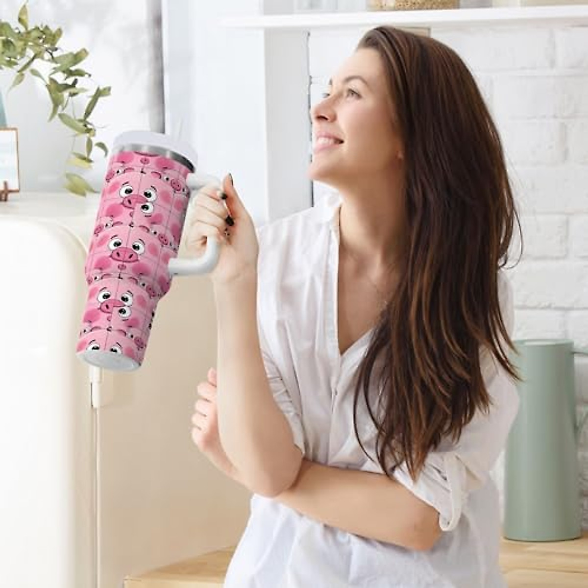 RPLIFE Cute Pig Faces Pink Travel Coffee Tumbler, Stainless Steel Mug, Cups with Lids