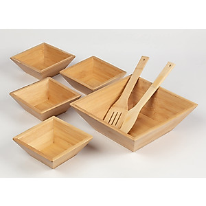 KITCHEN Affections | Bamboo Bowl Set | 5pc Square Bowl Set with Serving Utensils | Wood Dinnerware | Eco Friendly Bowls