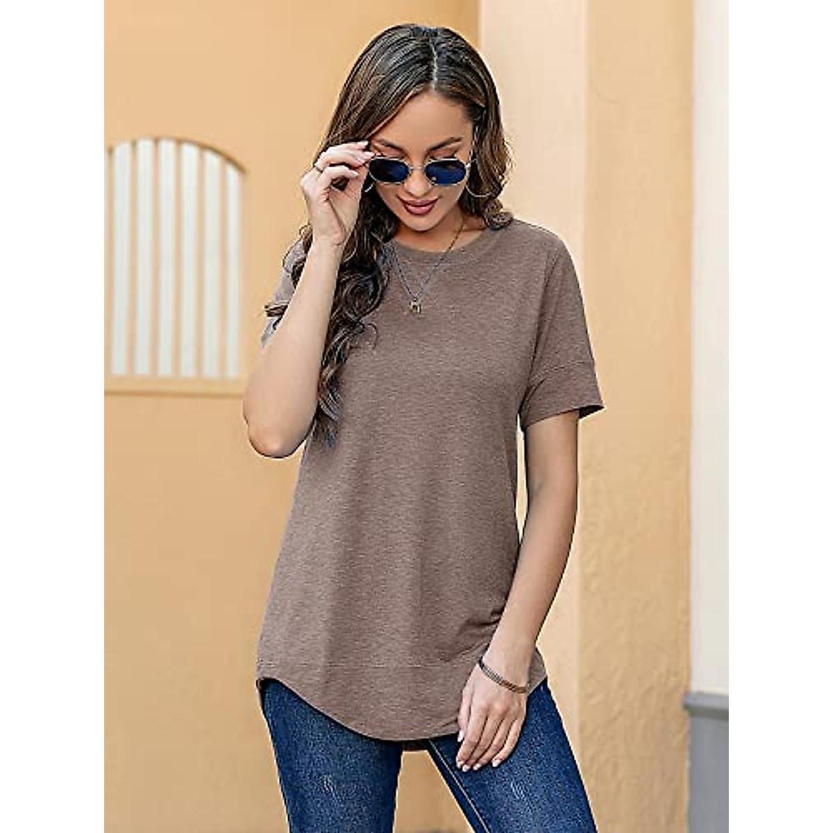 TEMOFON Womens T Shirts Summer Tops: Coffee Short Sleeve Shirt Casual Cotton Tunic Top Women Crew Neck Tees Size S-2XL