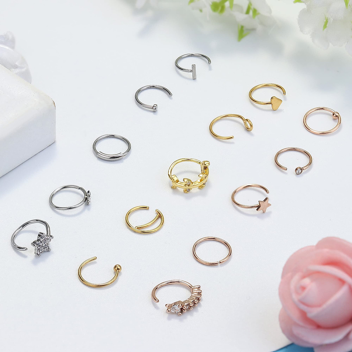 Drperfect 36Pcs 20G Nose Rings Hoop L Shape Screw Bone Nose Studs Stainless Steel Nose Rings Nostril Piercing Jewelry Silver Gold Rose Gold Tone Set Body Jewelry for Women Men