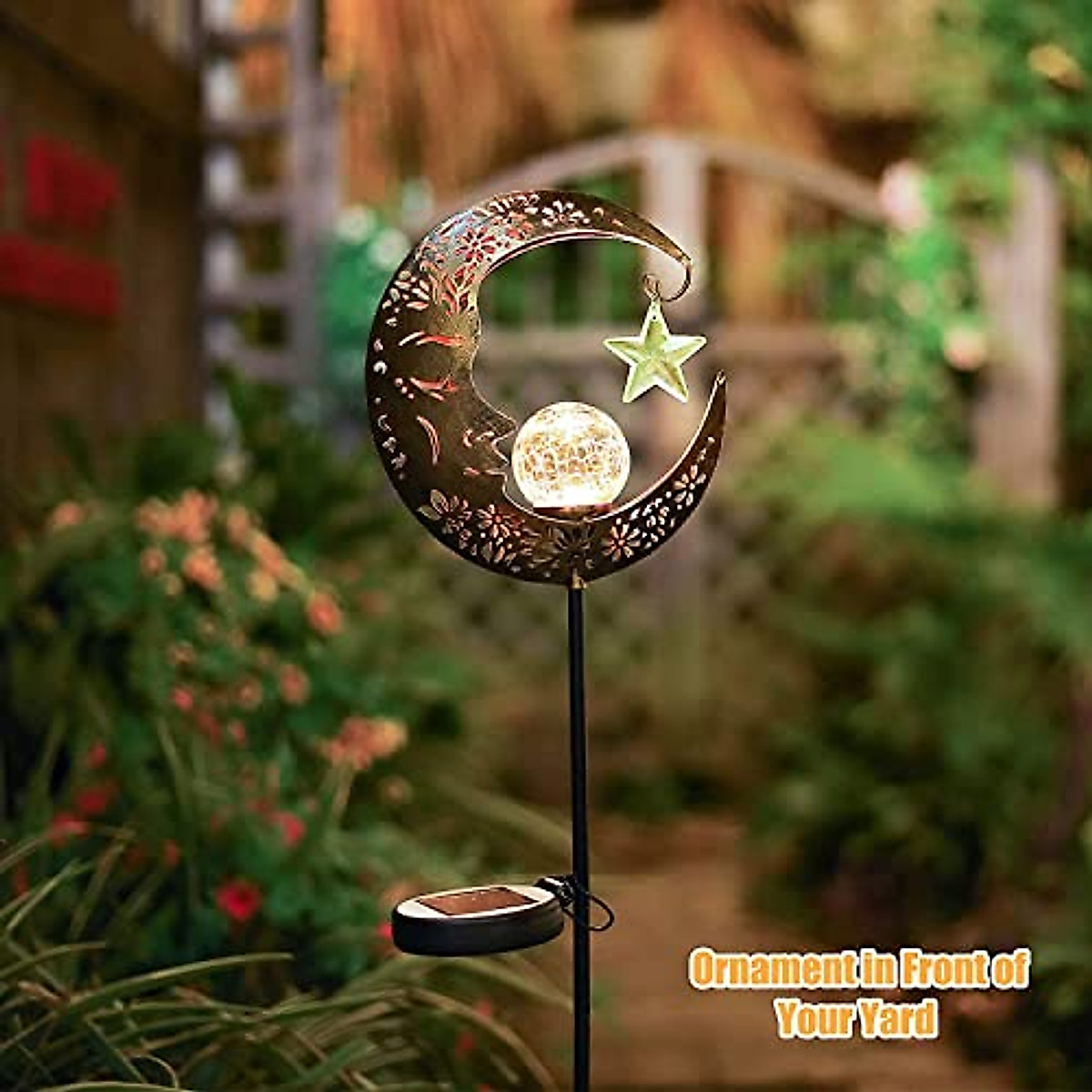 Hapjoy Solar Lights Outdoor Garden Decor Solar Moon Lantern for Patio,Lawn or Pathway Moon Decorations Crackle Glass Globe Stake Metal Lights Waterproof Warm LED Garden Gifts (Bronze)